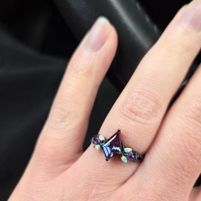 Hexagon Cut Moss Agate Engagement Ring Vintage Black Gold Ring Unique ...