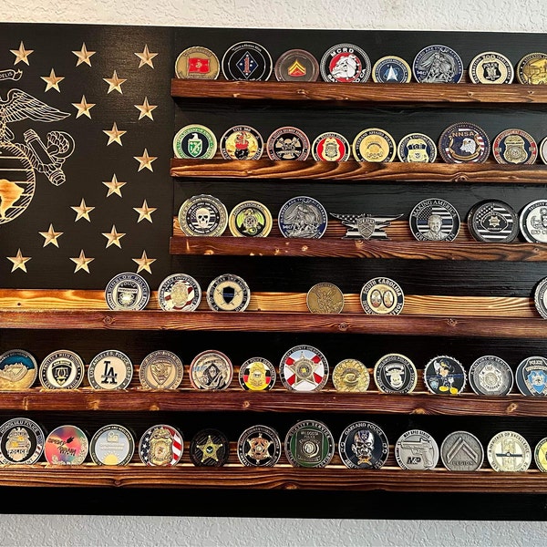 Subdued USMC Marines Wooden American Flag Challenge Coin Display, Holds ...