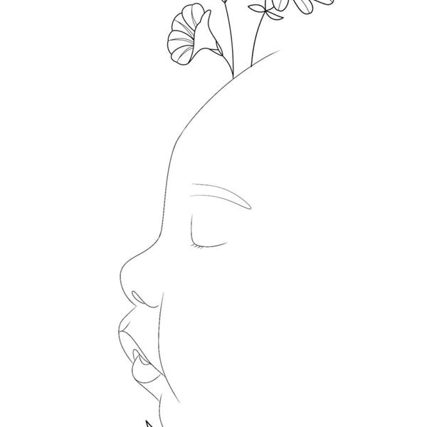Side Profile Drawing With Birth Flower | Custom Portrait Outline - Etsy