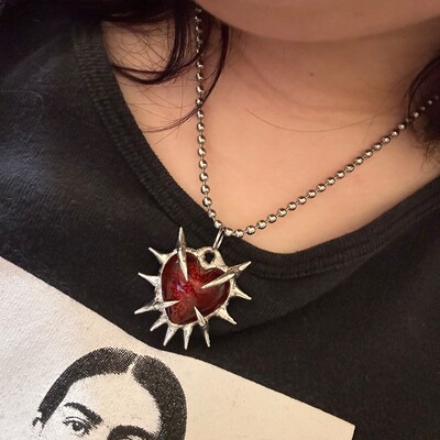 Y2k Spiky Red Heart Ribbon Necklace, Grunge Necklace, Celestial ...