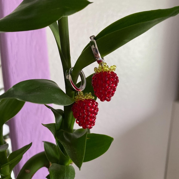 Beaded Raspberry Earrings With Gold or Silver Huggie | 3D Handmade ...