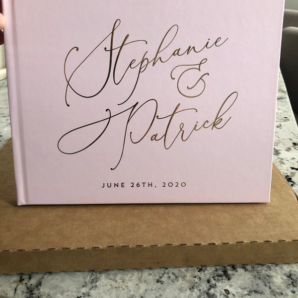 Pink and Gold Wedding Guest Book, Real Gold Foil Horizontal Wedding ...