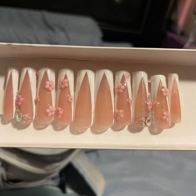 Pink Flowers & White V Frenchies Luxury Spring Y2k French Tip Glossy ...