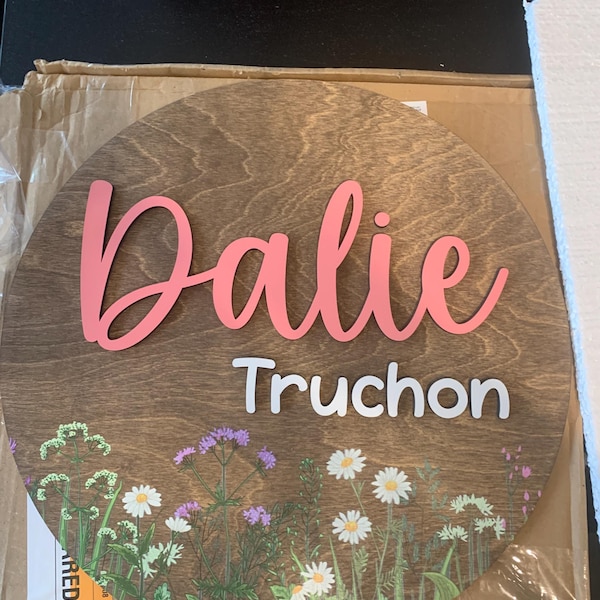 Wildflower Nursery Sign, Round 3D Name Sign, Personalized Wooden Name ...