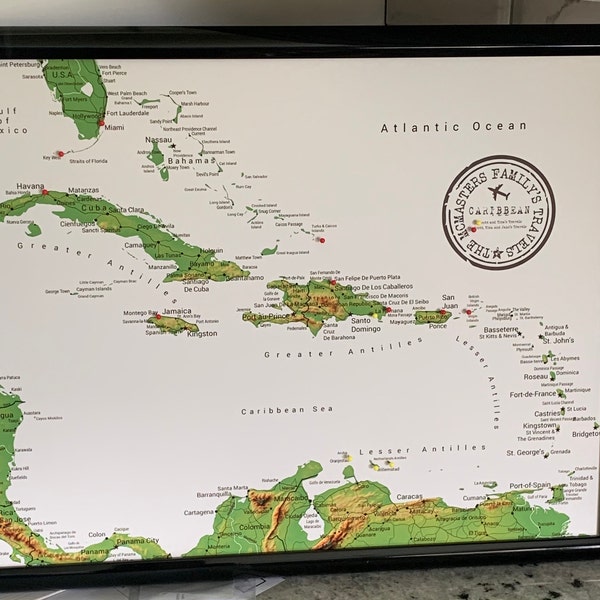 Personalized Caribbean Push Pin Travel Map: Handmade Island Topography ...