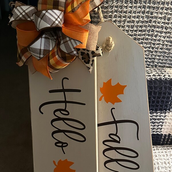 Hello Fall, Large Wooden Door Tag, Door Hanger, Farmhouse, Fall Wreath ...