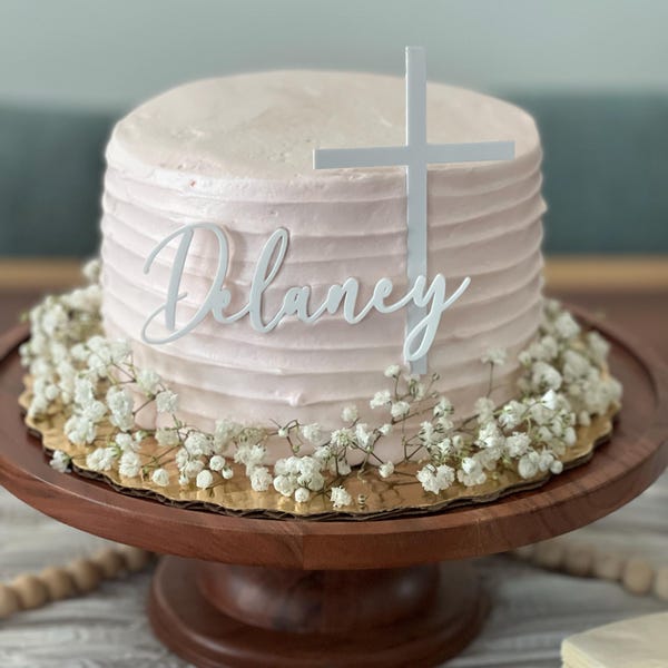Custom Name and Cross Cake Topper, 2 Piece Cake Topper, Holy Communion ...