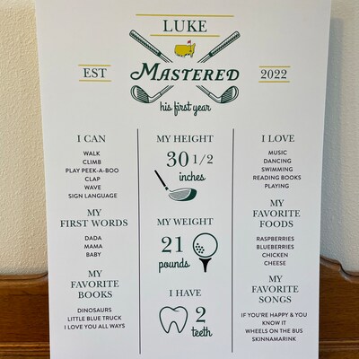 Golf Menu Sign, Green Gingham, Table Sign, Mastered First Year, Masters ...
