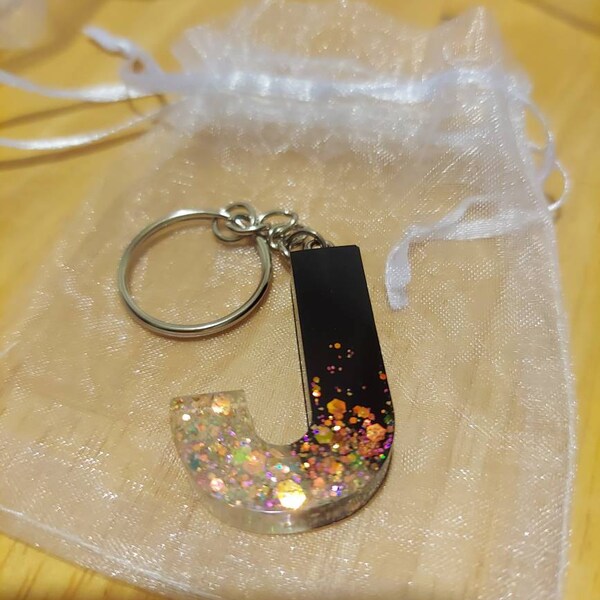 Glam Black, Clear and Silver Initial Keychain Resin Initial Keychain ...