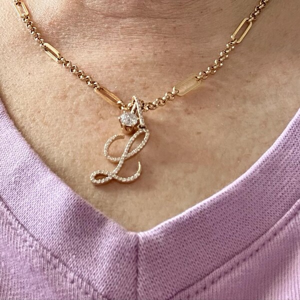 14K Solid Yellow Gold Diamond Initials, Diamond Cursive "l" Initials ...