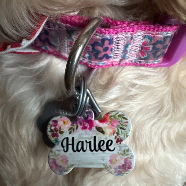 Pink Flowers Dog Tag, Rustic Floral Dog Tag, Faux Wood, Personalized ...