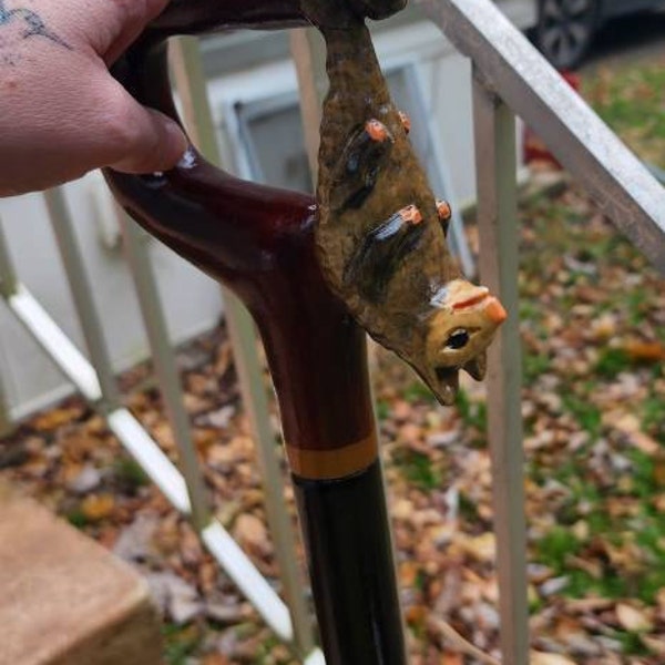 Wooden Cane Bat Carved Handle and Staff Wood Walking Stick Hand Carved ...