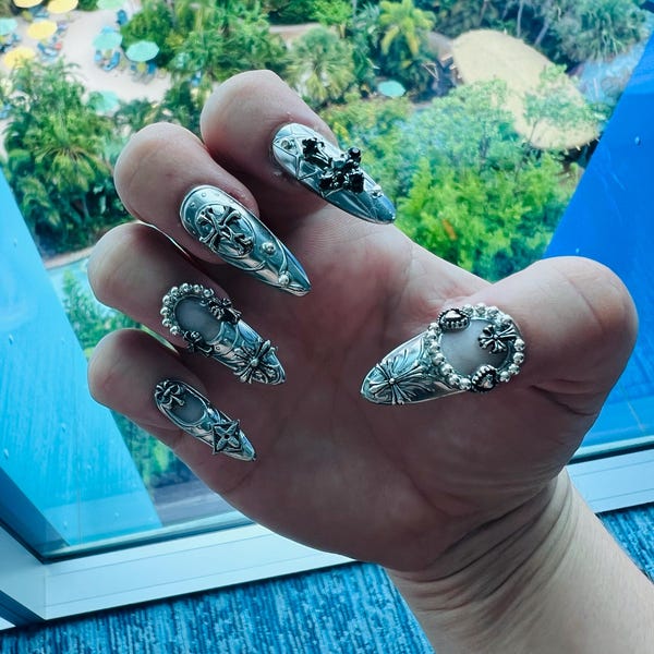 Silver Chrome Cross Heart Press on Nails, Punk Goth Y2K Emo Fake Nails ...