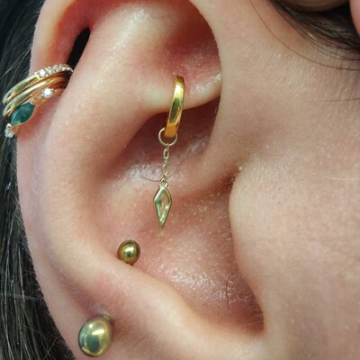 14K Gold Moss Agate Earring Threadless Push Pin Stud Dainty Fan Shape ...