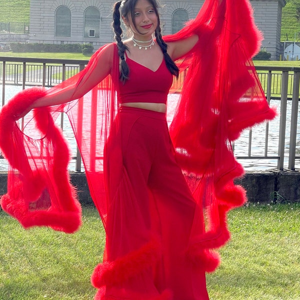 Red Marabou Feather Dressing Gown, Boudoir Feather Robe, Long Luxury ...