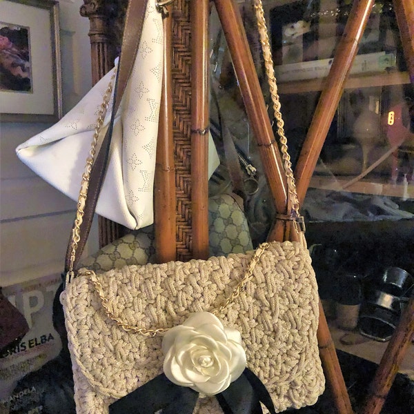 Off- White Fringe Crochet Handbag, Handmade Cocktail Evening Dress Bag ...