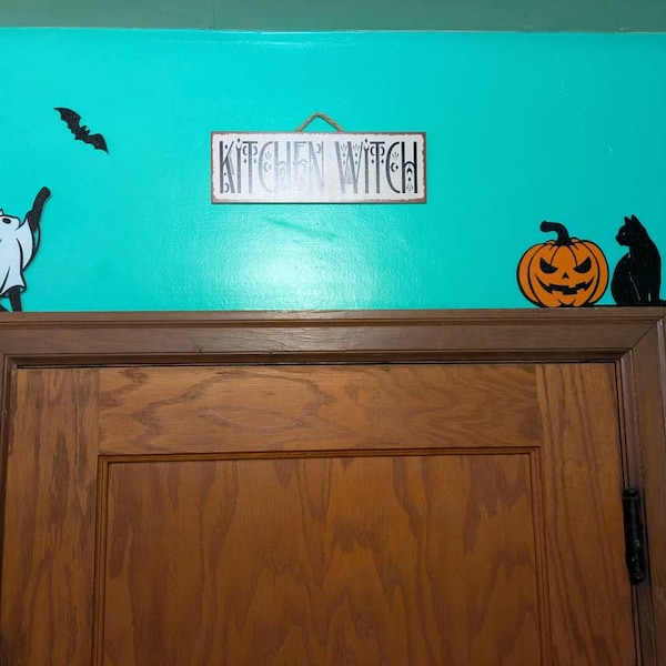 Ghost Cat Door Corner Topper, Spooky Black Cat & Halloween Pumpkin ...