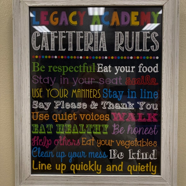 Cafeteria Rules Custom School Teacher Sign Poster Lunch Room Classroom ...