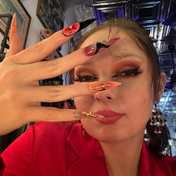 Bold Color Airbrush Long Stiletto Press on Nails, 3D Glam Goth False ...