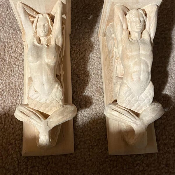 Mermaid and Merman Corbels of Wood, Unpainted, Decorative Carved Wooden ...