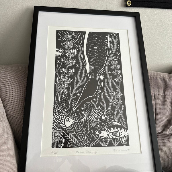 At the Beach, Linocut, Shells, Jellyfish, Ocean Art, Ocean Print - Etsy