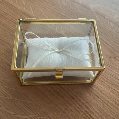 Ring Box Gold With Beige Pillow Glass Ring Box Square Personalized for ...
