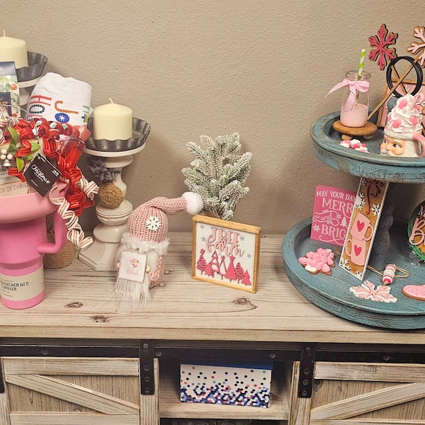 Pink Christmas Tiered Tray Decor, Pink Christmas Home Decor, Pink ...