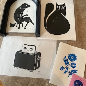Linocut coffee Cat Linoprint - Etsy