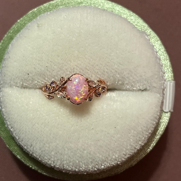 Oval Cut Pink Opal Ring Unique Rose Gold Leaf Engagement Ring Marquise ...