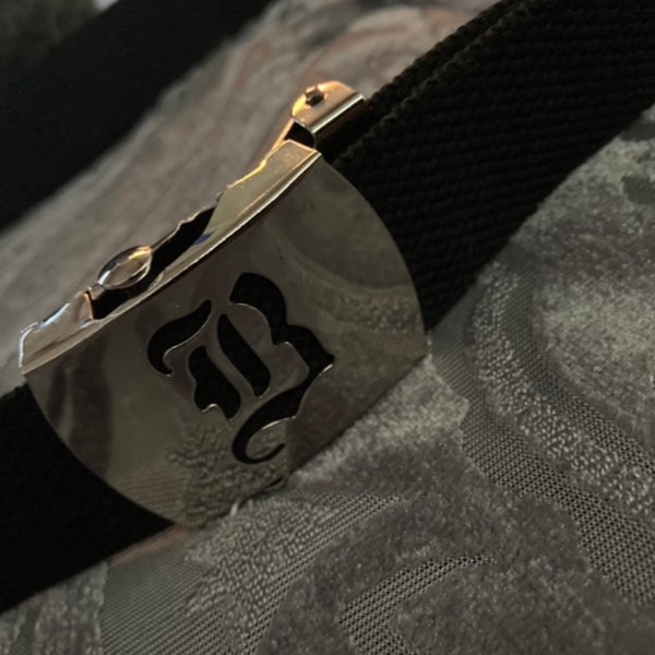 Old English Initial A-Z, Plain Canvas Military Black Web Belt & Silver ...