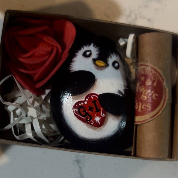Hand Painted Rock Pocket Hug in a Box, Penguin Gift for Him This ...
