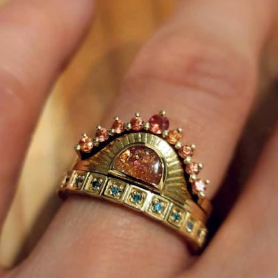 Unique Engagement Ring Set, Sunset Ring Set, Sunstone, Sapphire ...