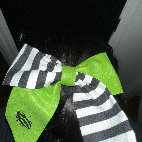 Beetle Hair Bow, Black and White Stripes, Neon Green, Sailor Bow Style ...