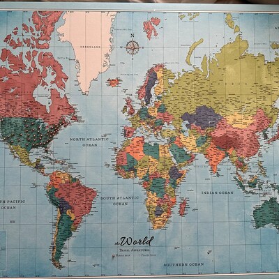 Personalized World Map Push Pin Map Pinboard Cork Canvas Print Gift for ...