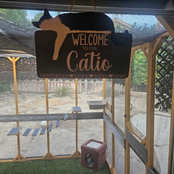 Hand Painted Welcome to the Catio Sign, Wood Cat Shaped Sign, Hanging ...