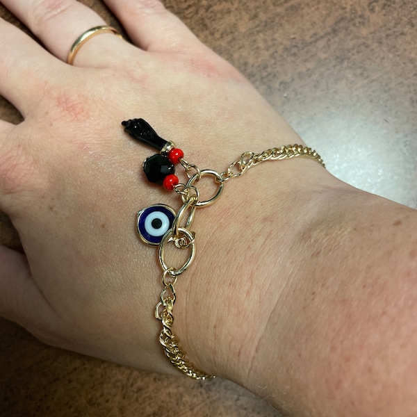 18k Gold Filled Double Cuban Link Bracelet With Blue Evil Eye, Simulate ...