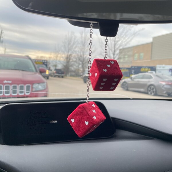 White Plush Fuzzy Dice With Red Sparkle Hearts and Chain or Cord / Car ...