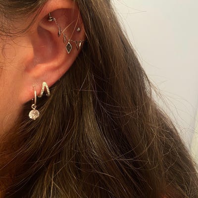 14K Gold Moss Agate Earring Threadless Push Pin Stud Dainty Fan Shape ...