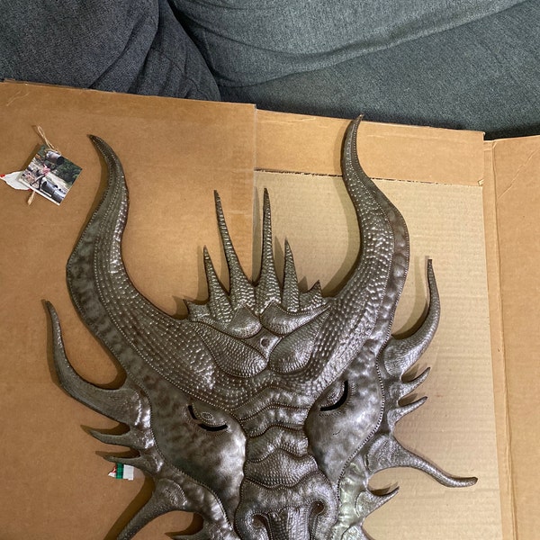 Flaming Dragon Head, Metal Mythical Dragons, Hand Pounded Sculpture ...