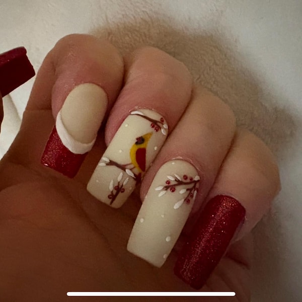 Bird in Snow Nails/holiday Press on Nails/ Bird in Snow Press on Nails ...