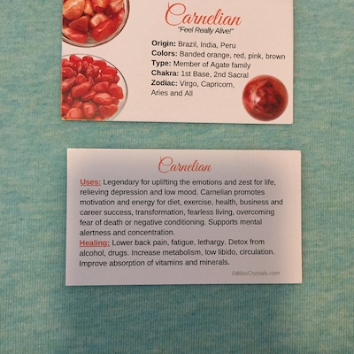 CARNELIAN Crystal Information Card Double Sided HC91 - Etsy