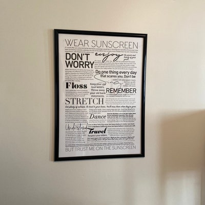 Everybody's Free to Wear Sunscreen Lyrics. Typography Wall Art Print ...