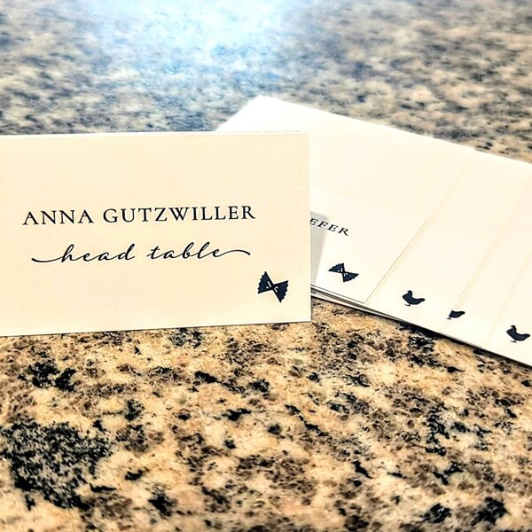 Silver Place Cards PRINTED With Meal Choice Icons | Rustic Wedding Name ...