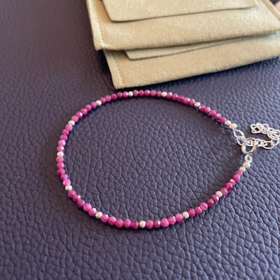 Tiny Ruby Bracelet Dainty Ruby Jewelry Pink Crystal Bracelet Small Bead ...