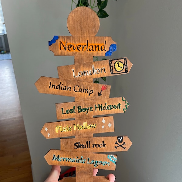 Gorgeous Peter Pan Neverland Freestanding Signpost Laser Cut Wood ...