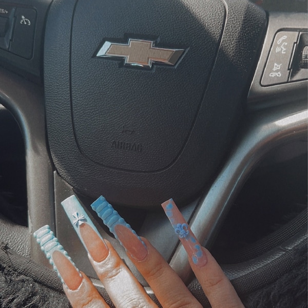 3D Blue Croc French Tip Press on Nails + Charms| Press on Nails| Long ...