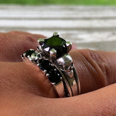 Skull Wedding Ring HELICE Black Diamond Sterling Engagement Ring, Goth ...