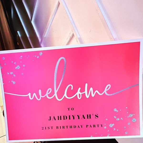 Editable Welcome Sign, Hot Pink Silver Printable Girls Birthday Welcome ...