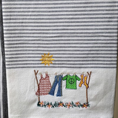 Tiny Machine Embroidery Clothesline With Hand Drawn Garments Blowing in ...