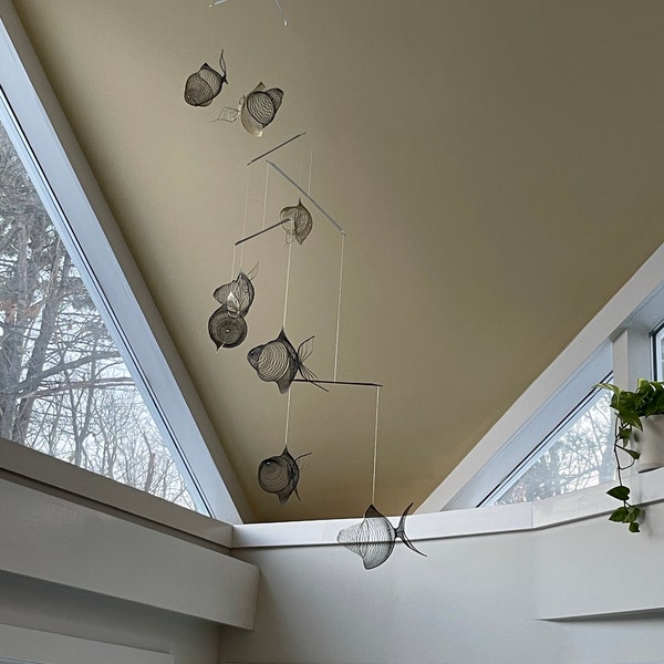 Large 8 Piece Gold Black Fish Mobile, Ocean Mobile Art, Kinetic Fish ...